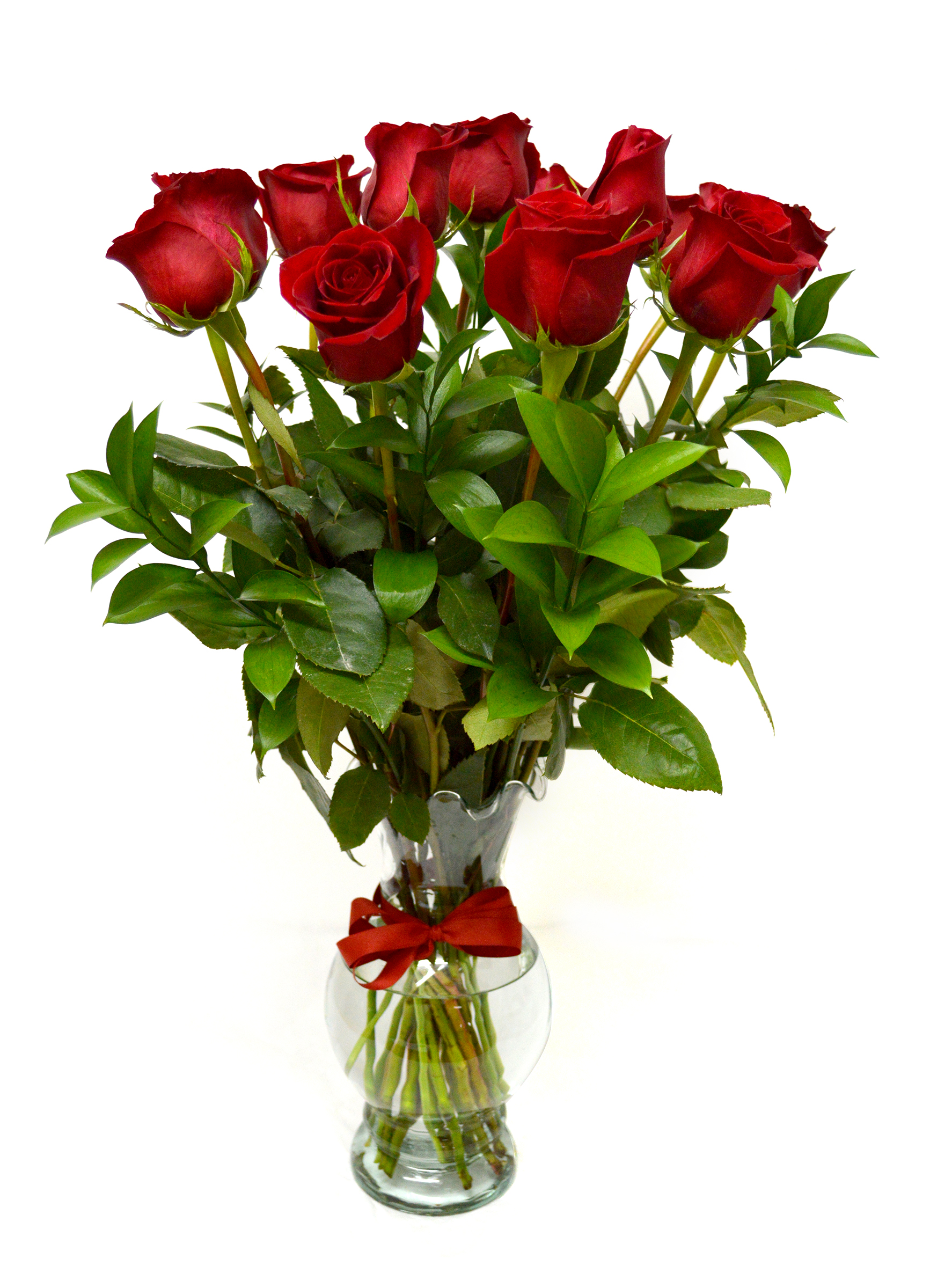 Florero con 12 Rosas Rojas mas Ruscus