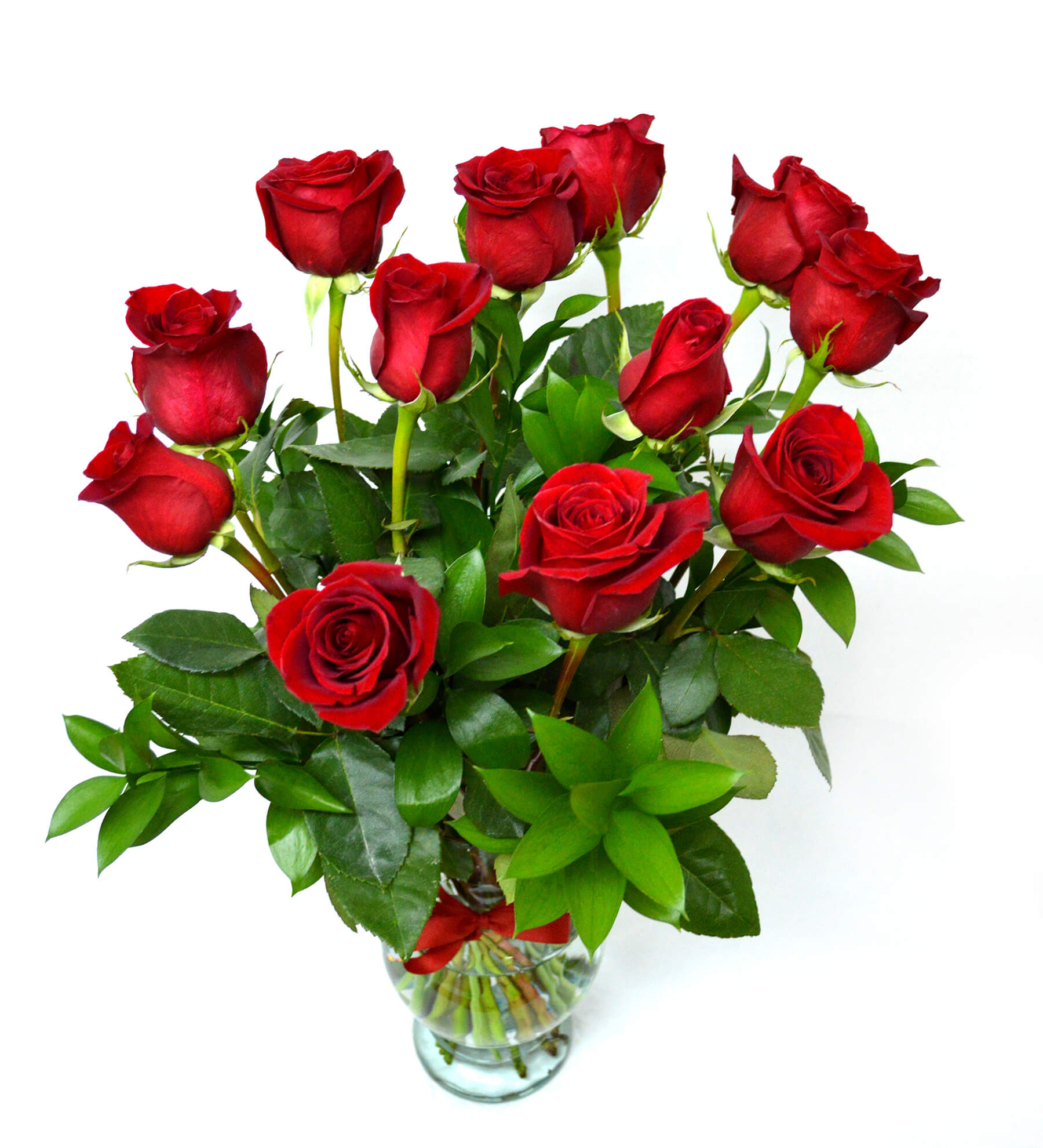 Florero con 12 Rosas Rojas mas Ruscus